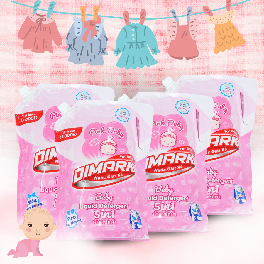 DIMARK - Combo 4 Túi Nước Giặt Xả Pink Baby (1.8L/Túi)